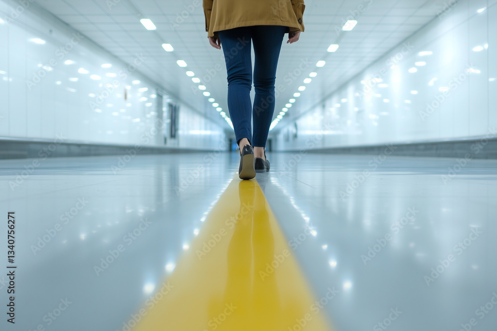 woman walks confidently down brightly lit, modern hallway with yellow ...