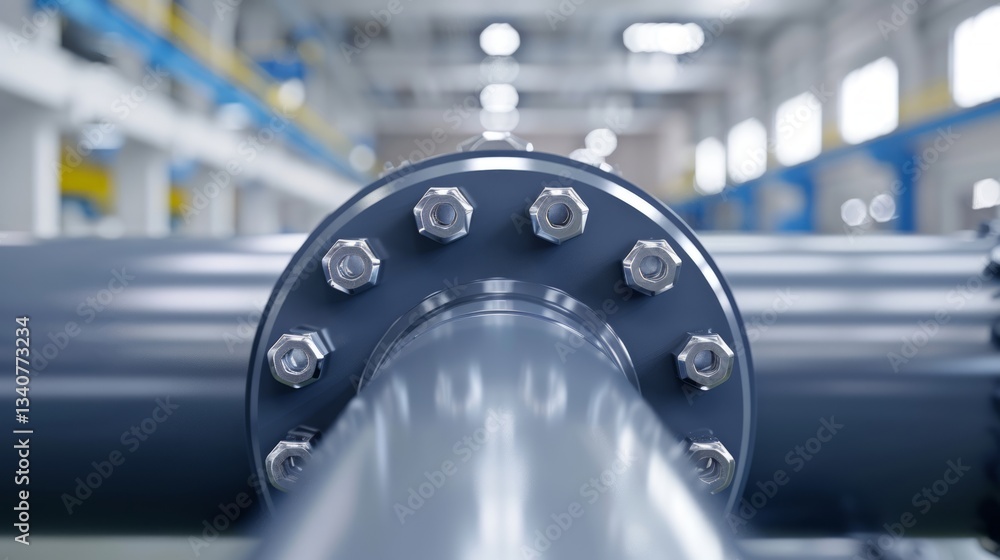 Steam pipeline system with visible bolted flanges in an industrial ...