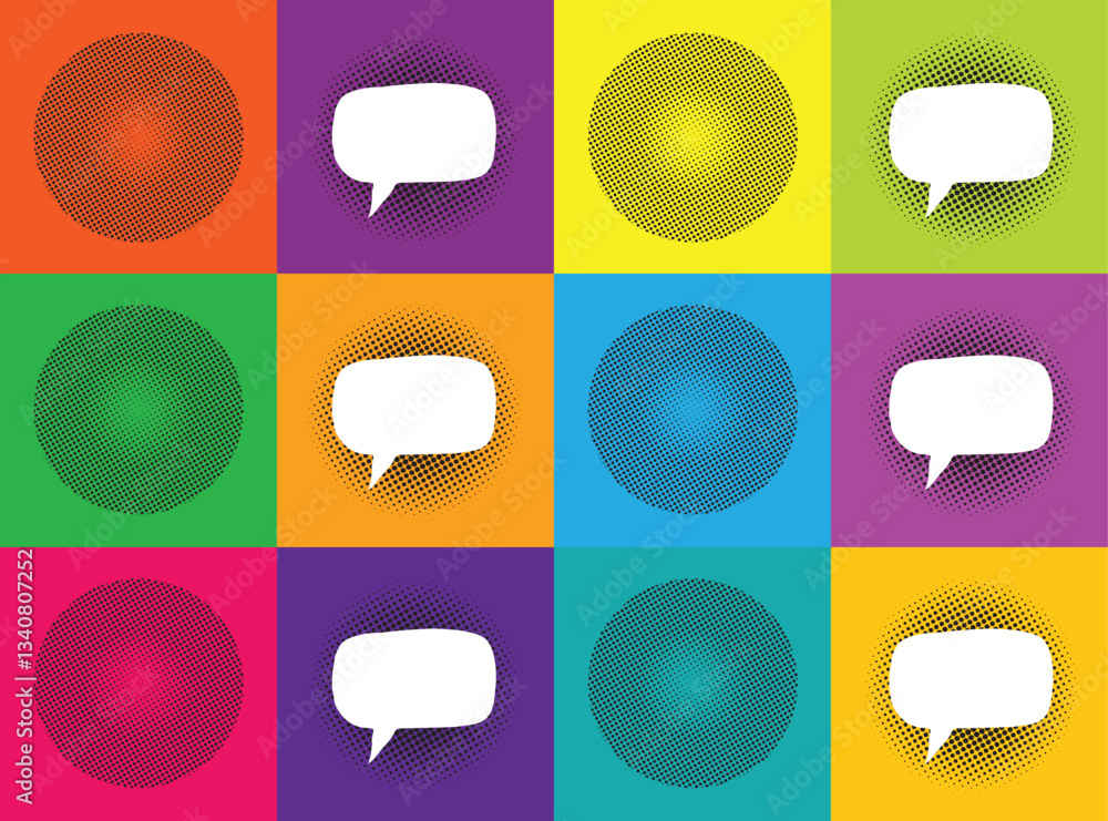 seamless abstract vector color halftone background with pop art speech bubble icons, polka dots ...