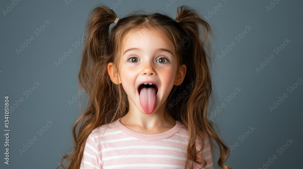 A joyful little girl with long hair and playful expressions sticks her ...