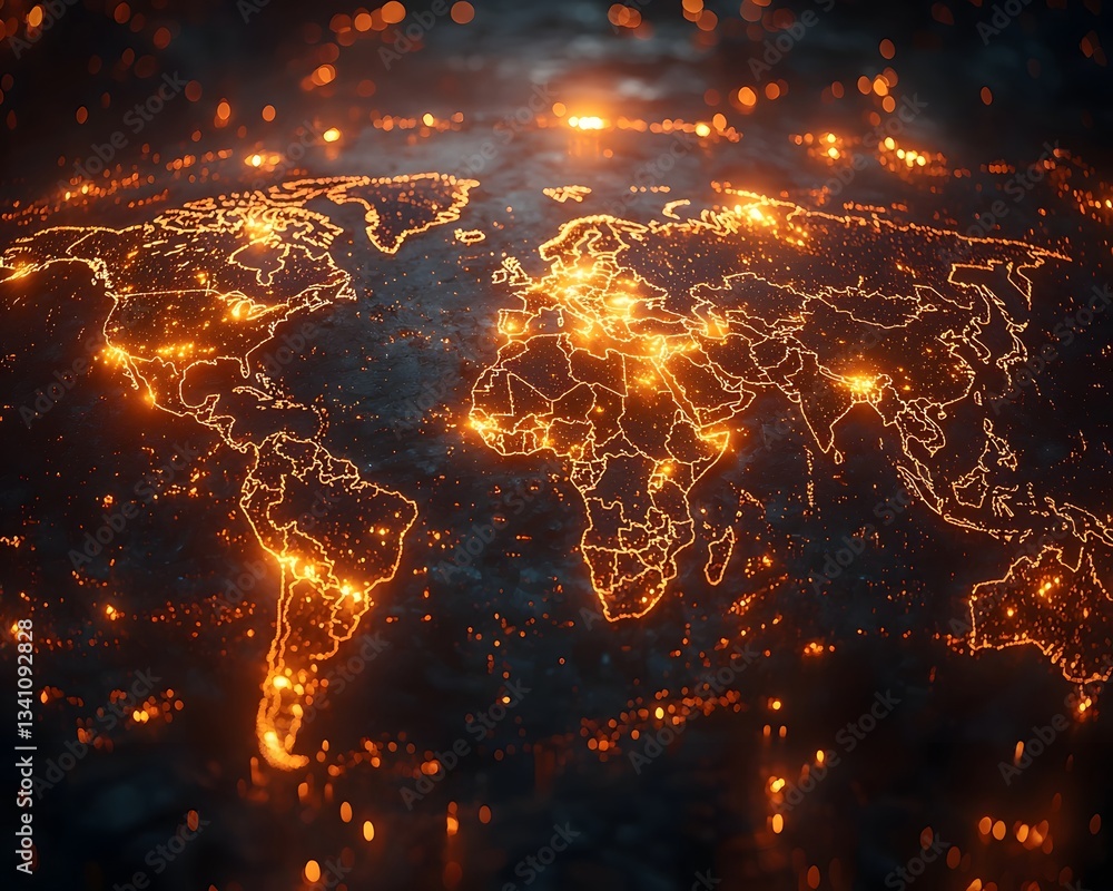Glowing world map showing global trade routes and business connections ...