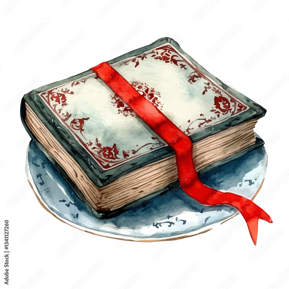 Watercolor Haft sin Holy Book or Divan of Hafez with red ribbon white ...