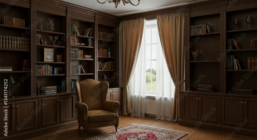 Sunlit Cozy Elegant Home Library with Window and Books, Zoom Virtual ...
