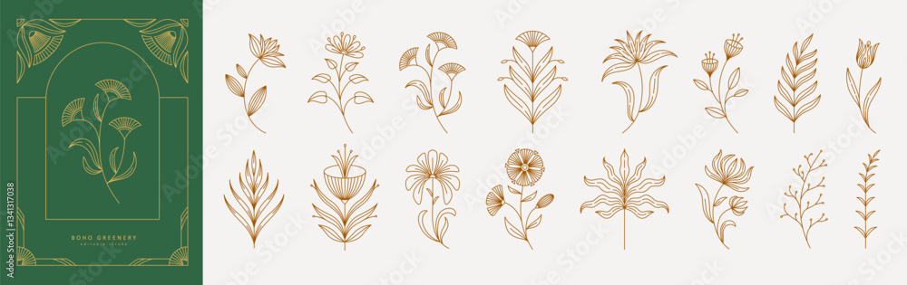 Set of boho simple geometric branch and flowers. Botanic design ...