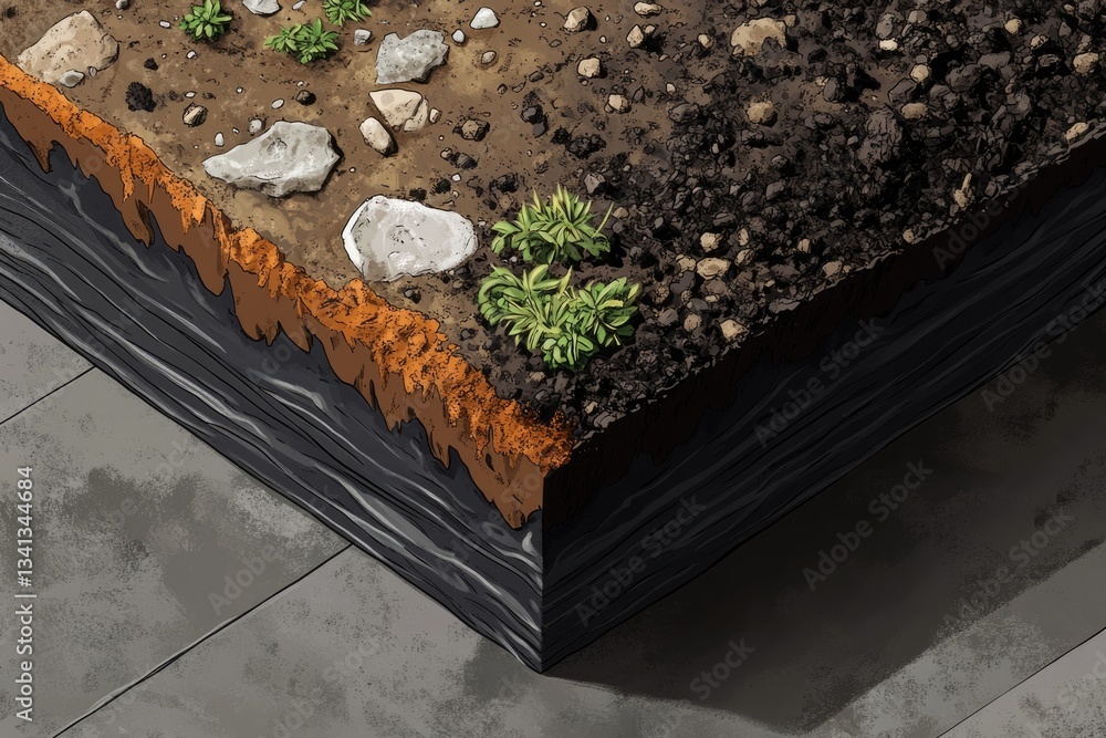 Cross-section view of soil layers, showing topsoil, subsoil, and a ...