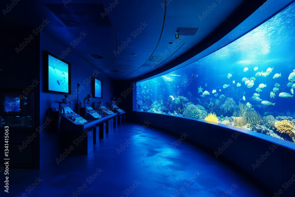 A grand underwater observatory 3D background room with massive ...