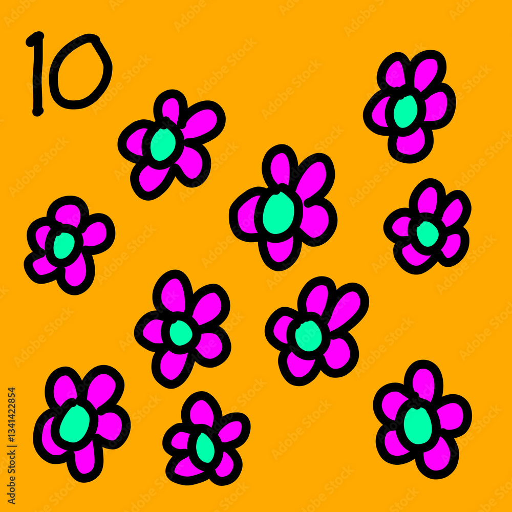 ten purple flowers and the number ten on an orange background. for ...