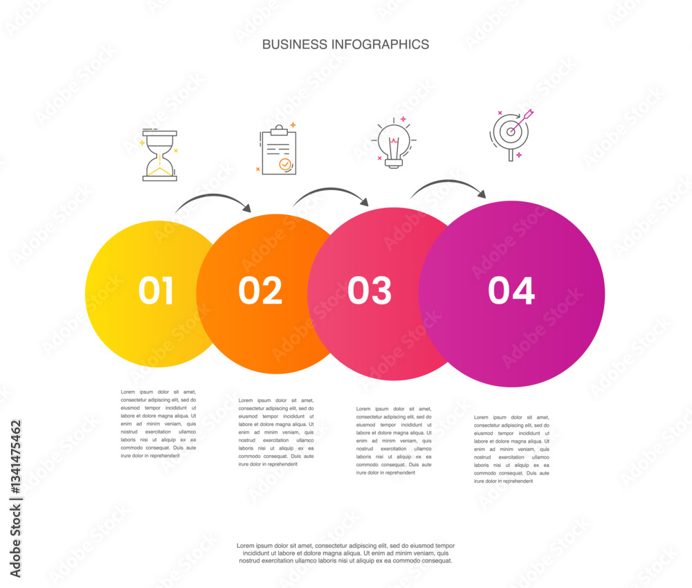 Business vector infographics with four circles and arrows. Timeline ...