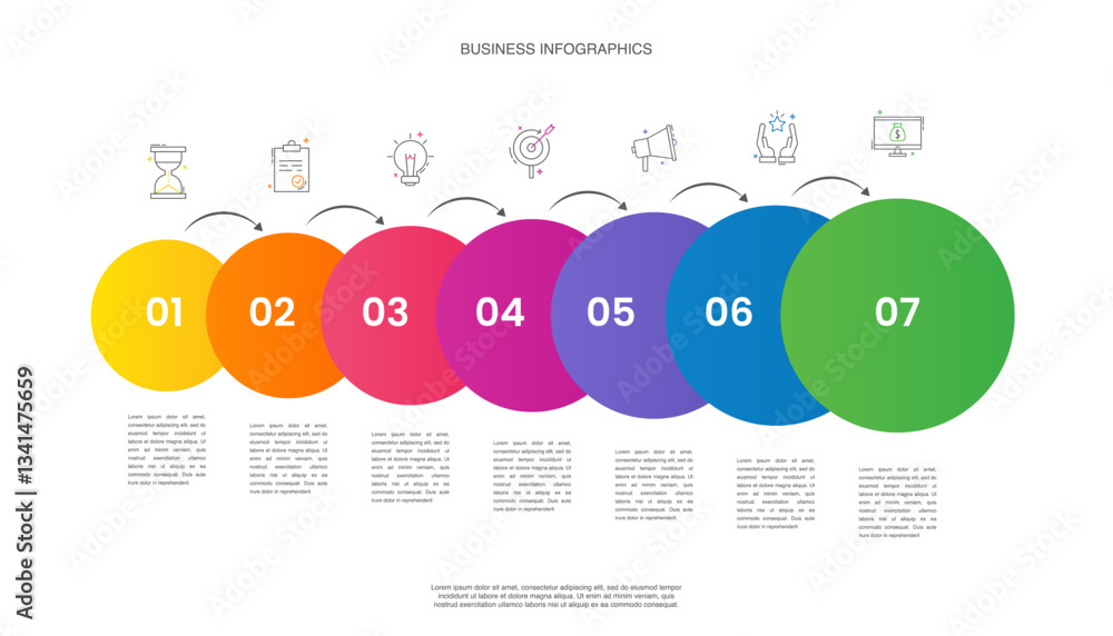 Business vector infographics with 7 circles and arrows. Timeline ...