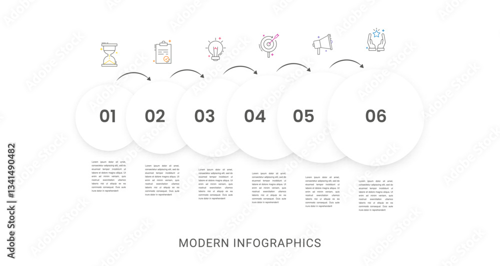 Business vector infographics with six circles and arrows. Timeline ...