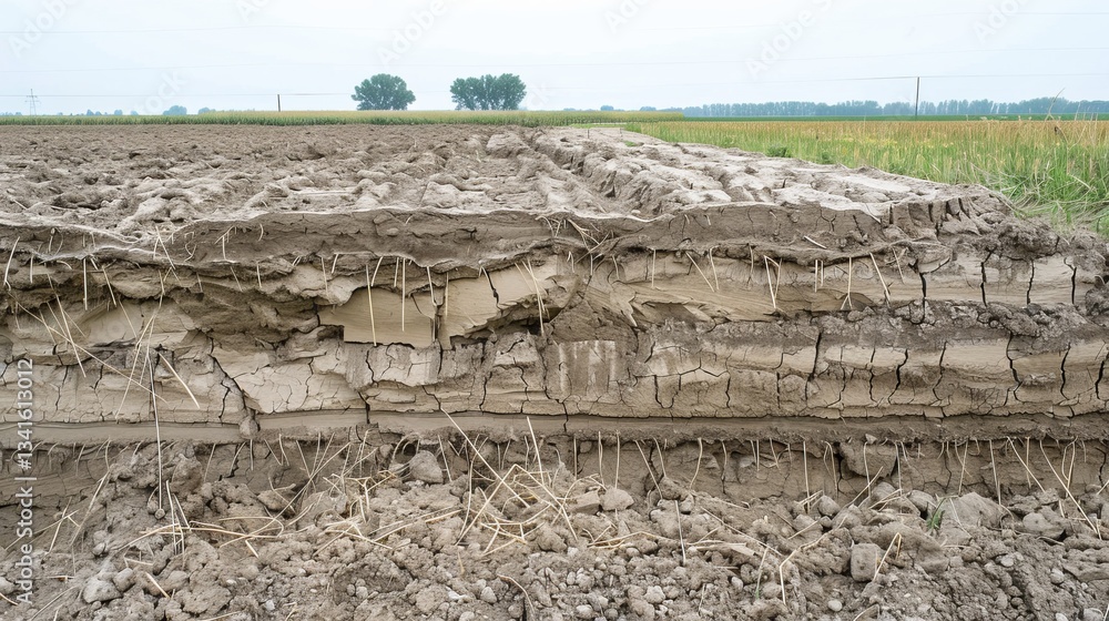 Cross section panorama of soil layers with roots penetrating diverse ...