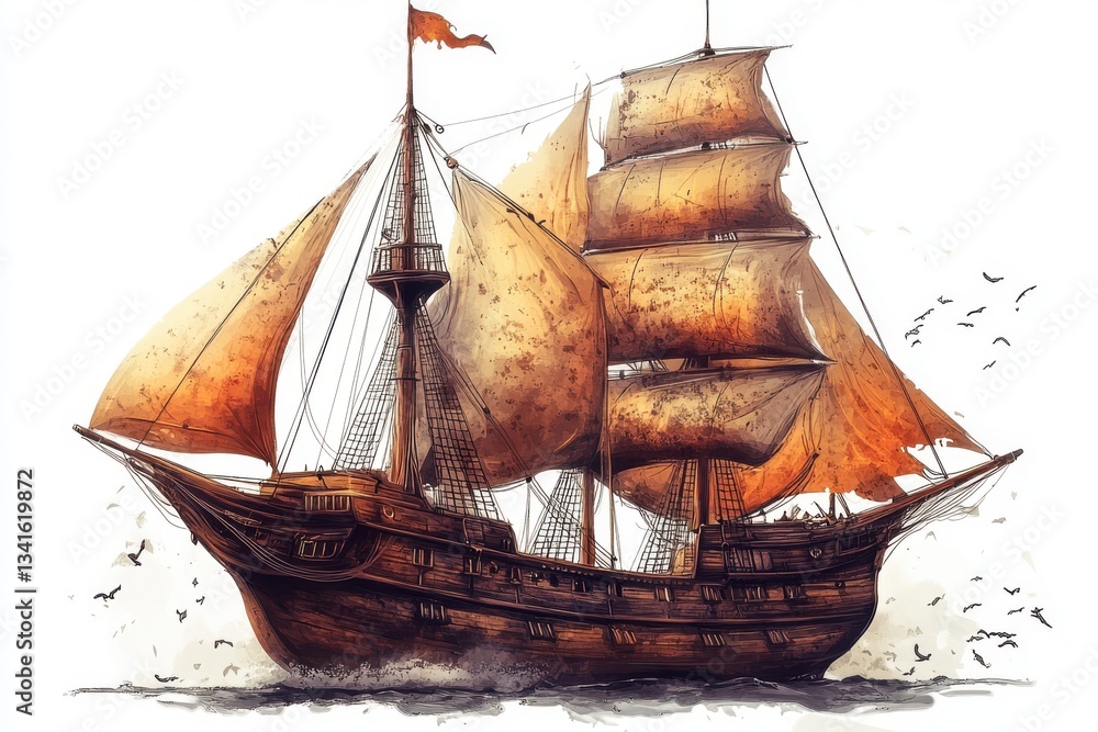 Ancient pirate ship illustration in PNG style with transparent ...