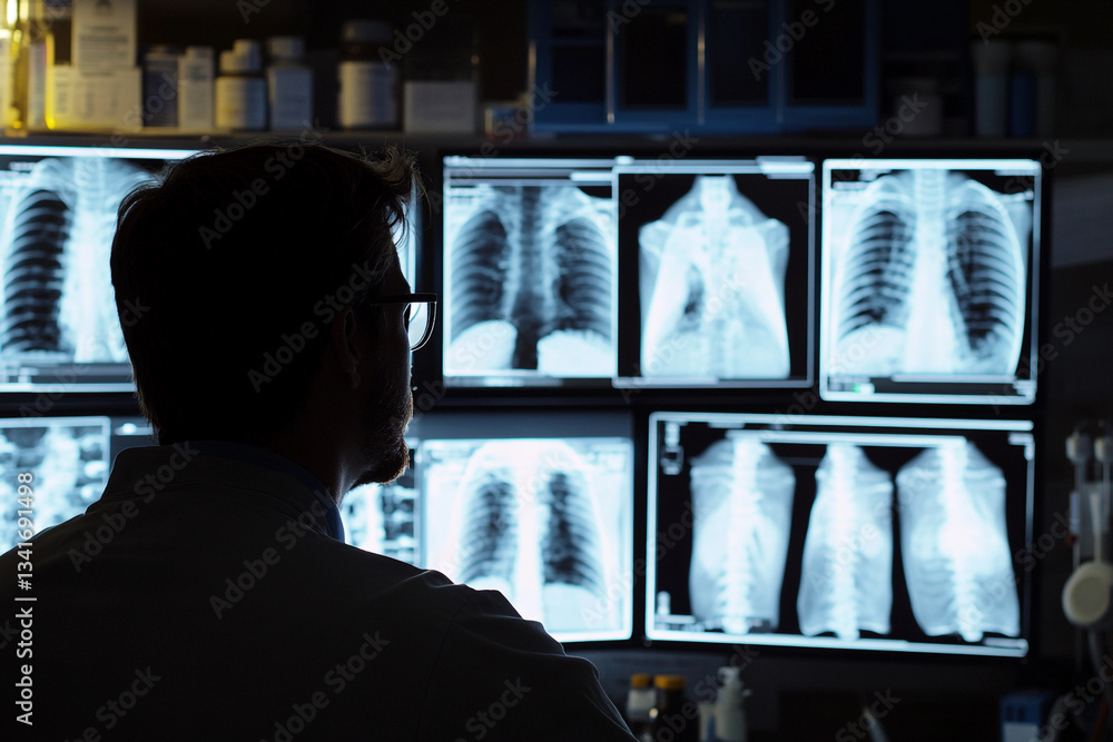Doctor reviewing detailed chest x ray medical images on multiple ...