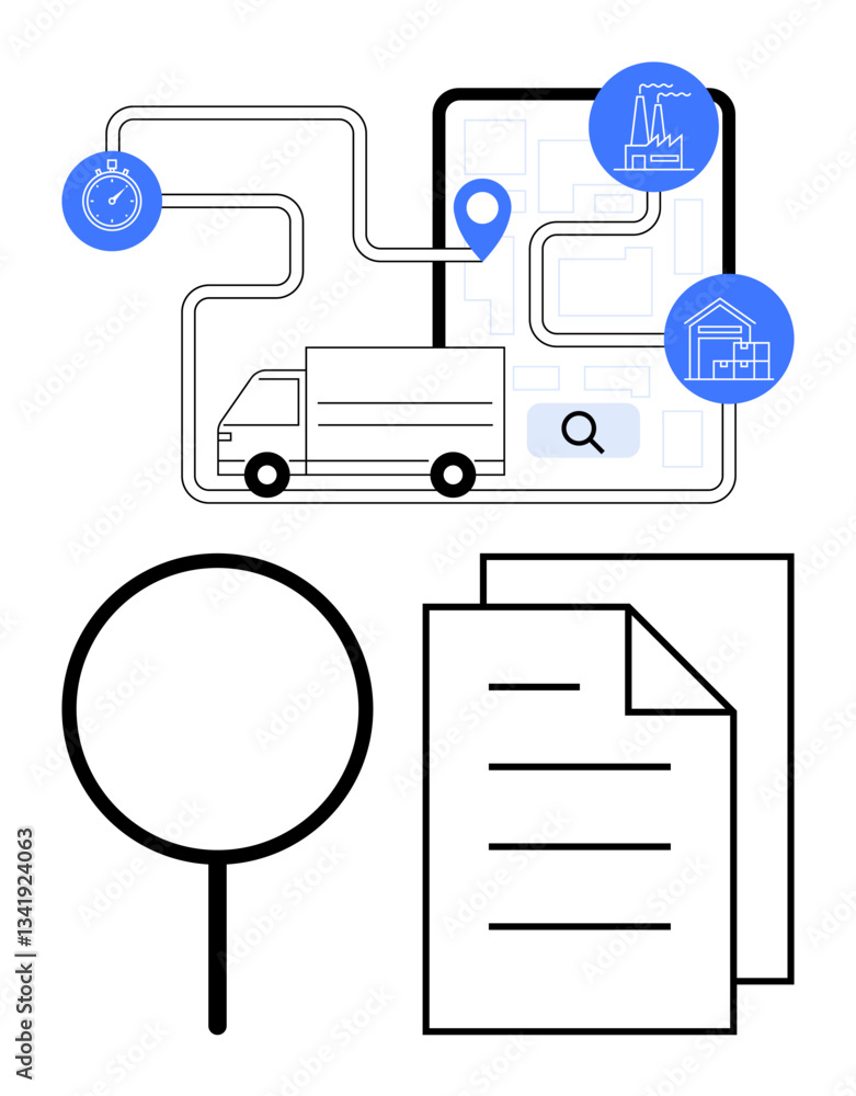 Package delivery truck navigating mapped route with location pins ...