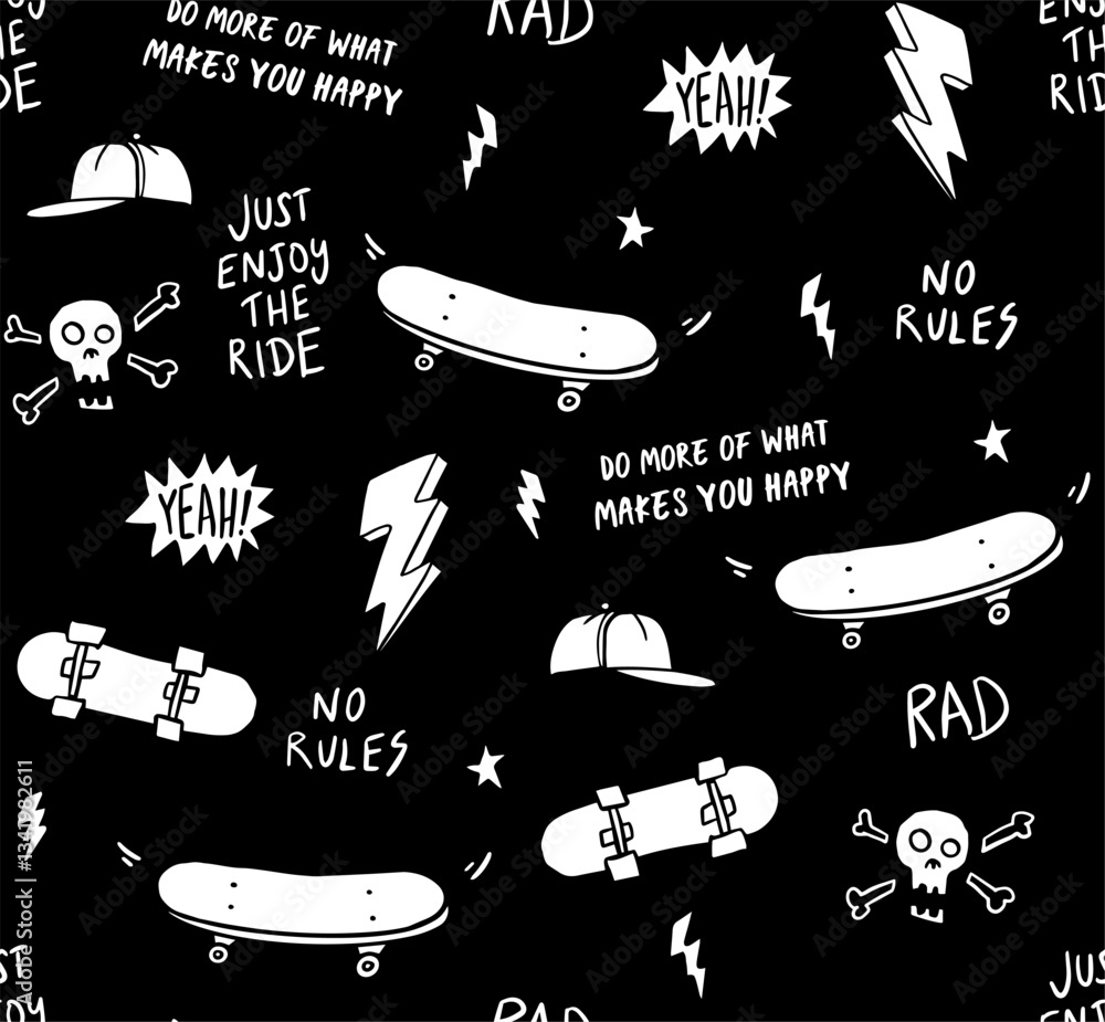 Skateboard seamless pattern. Skate background. Skateboarding doodle ...