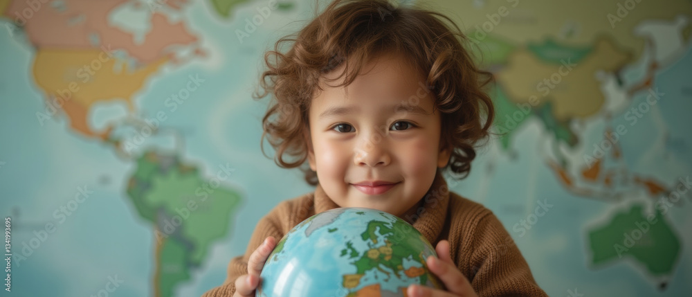 joyful child holds globe, symbolizing curiosity and exploration of ...