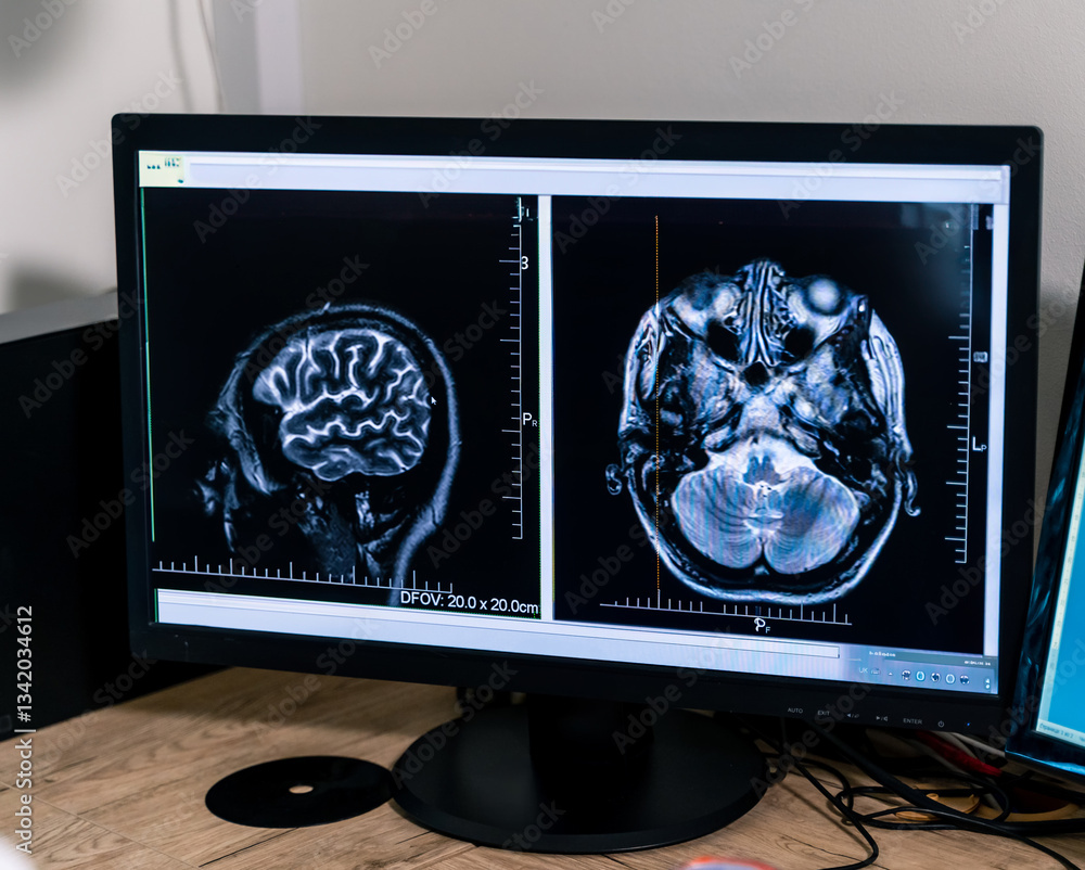 Brain MRI scan on monitor. MRI scans show detailed images of a human ...