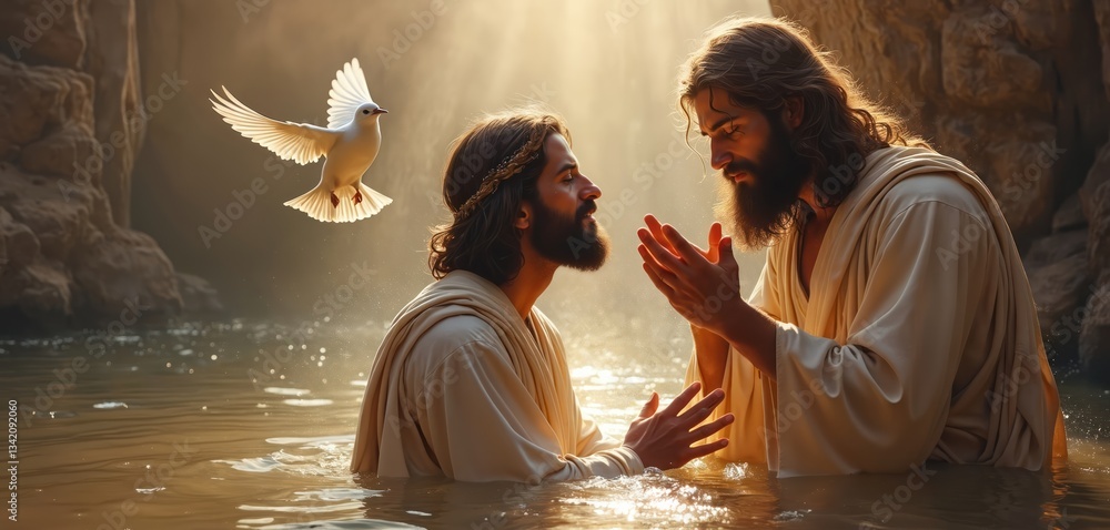 John baptizes Jesus in Jordan River. Moment of spiritual cleansing ...