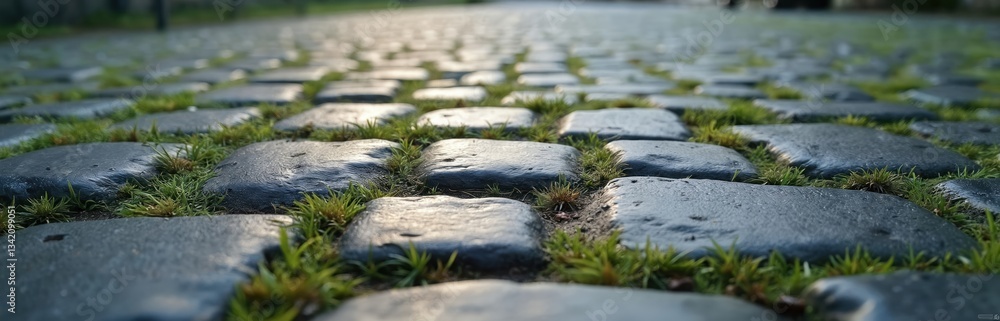 Cobblestone pavement road with green grass. Old grey square stone ...