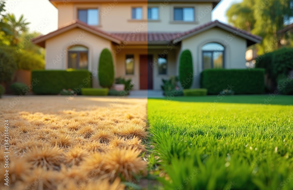 Lawn transformation half dry, half green. Grass revitalization, save ...