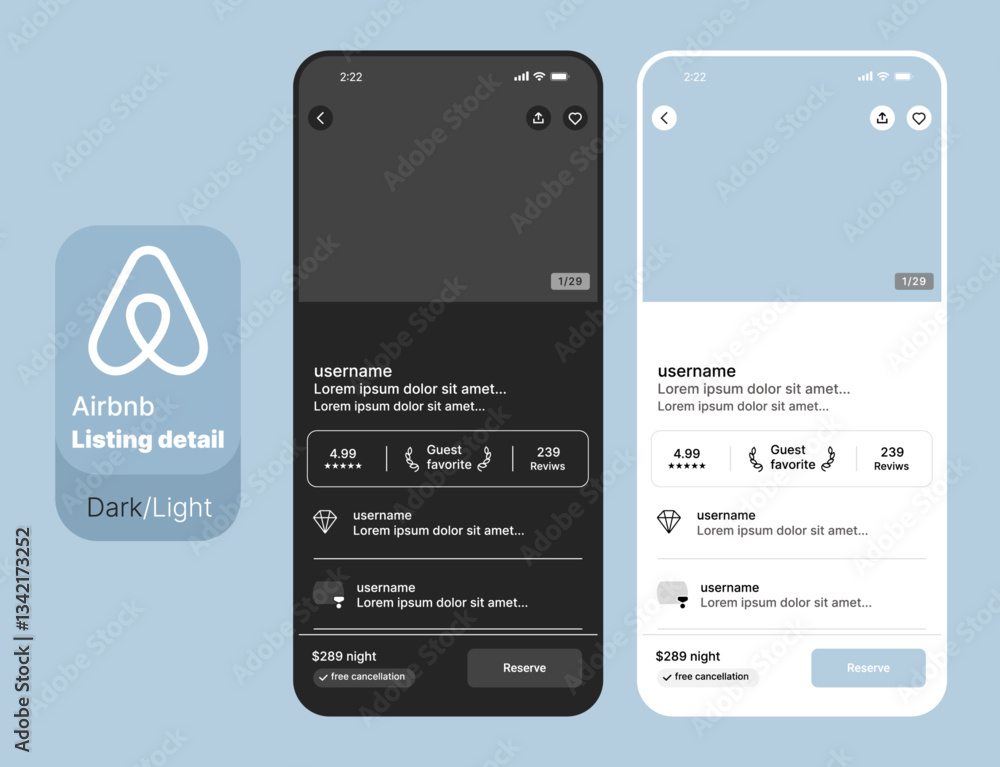 Airbnb UI mockup template. Vacation rental booking platform layout with property listing, user ...