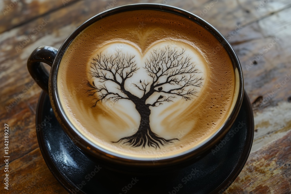 Nice Texture of Latte art on hot latte coffee . Milk foam in heart shape leaf tree on top of ...