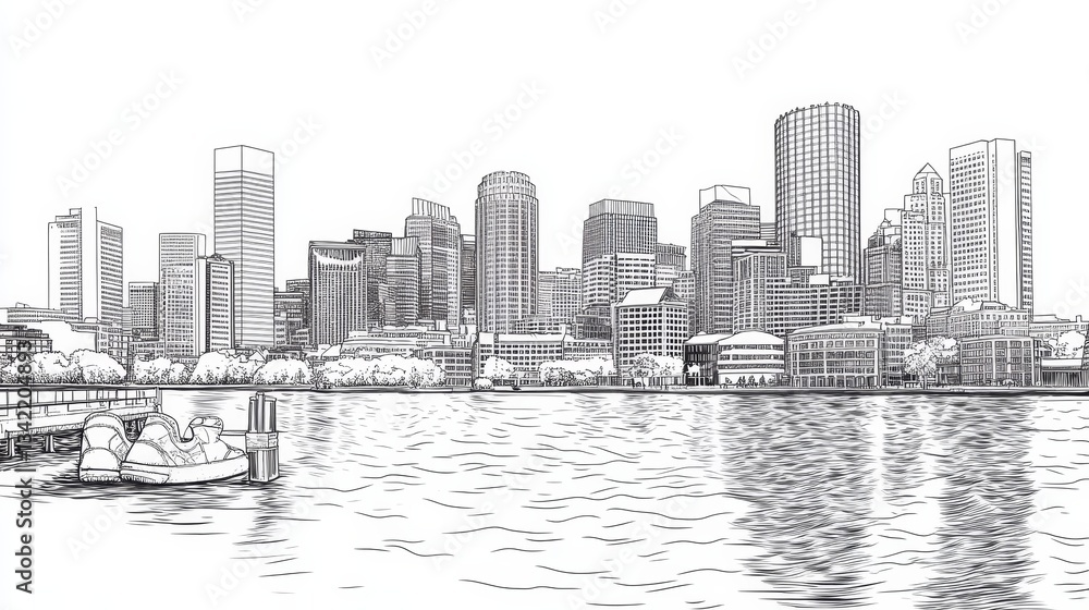 The Boston Skyline Line Art Coloring Page features a detailed line art ...