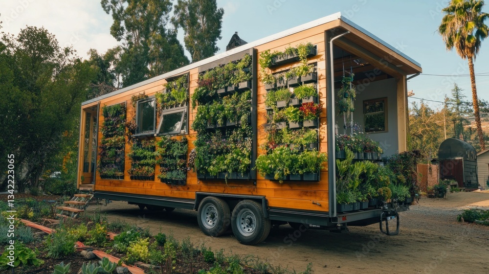 Innovative tiny home design featuring vibrant vertical gardens on a ...