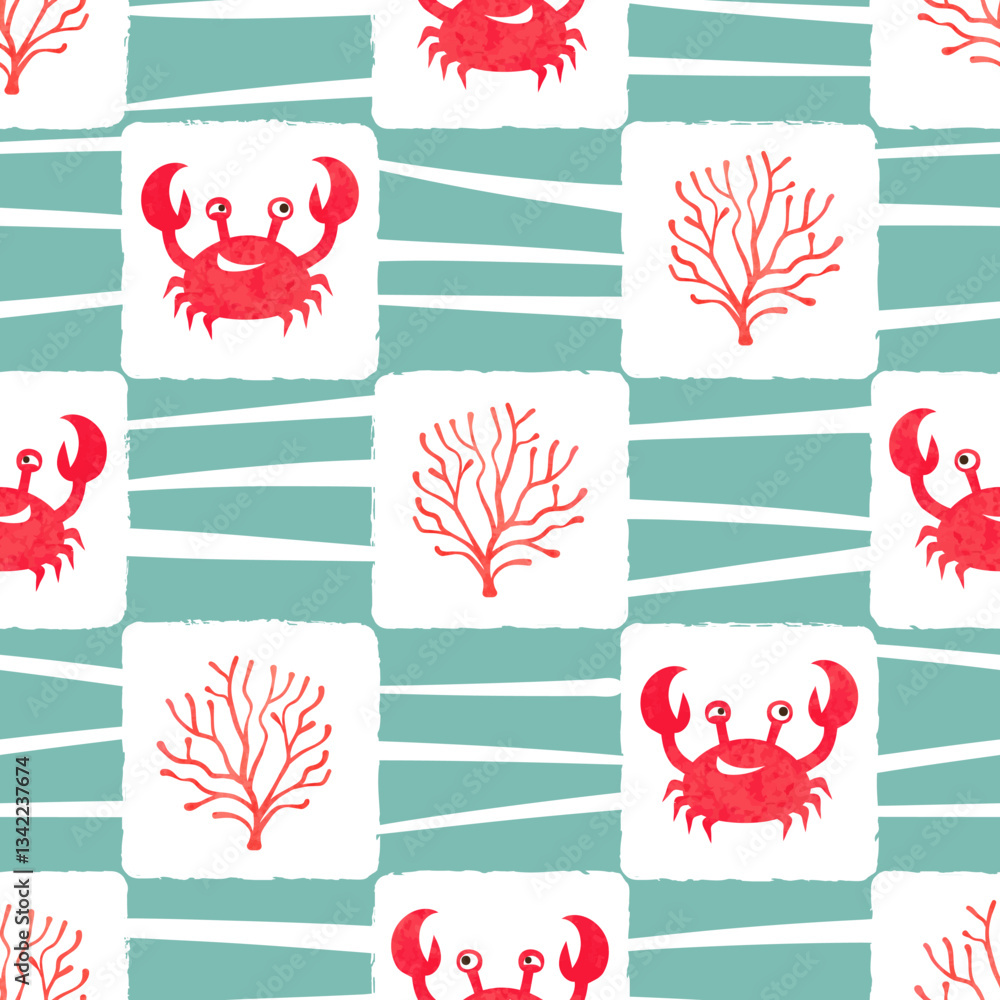Vector de Stock Sea checkered pattern with cute crabs and corals ...