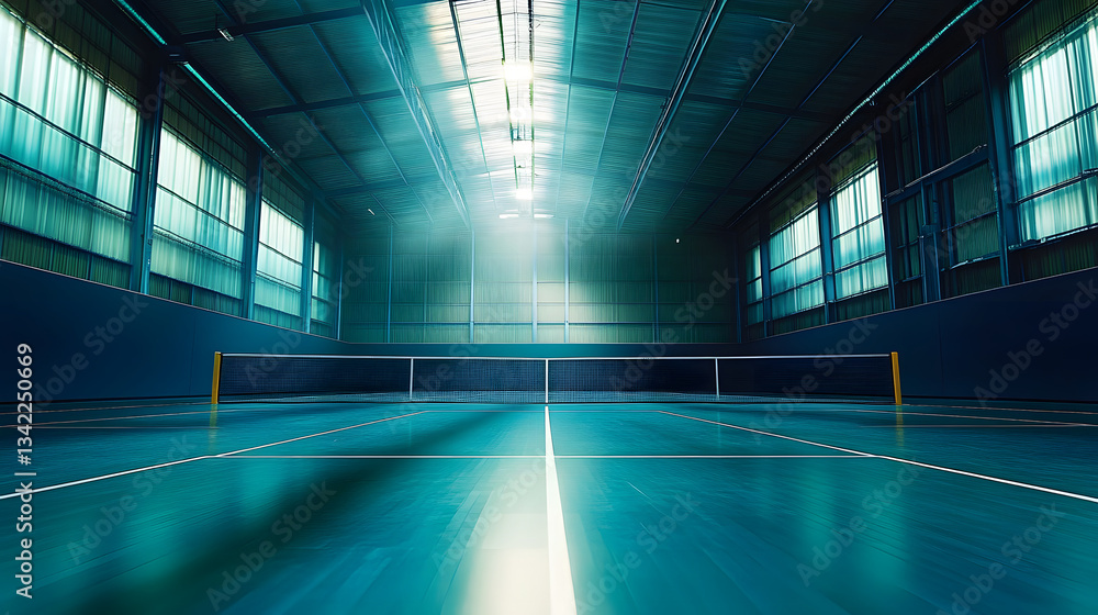 professional badminton court dominates the frame, with high ceilings ...