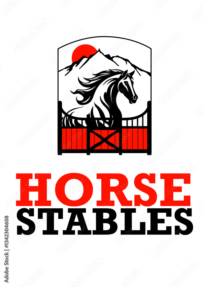 Logo Horse Stables stud farm Barn Cowshed Field Landscape Sun Mountain ...