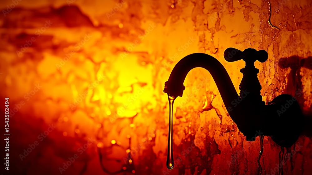 Water scarcity: A dripping faucet against a fiery background symbolizes ...
