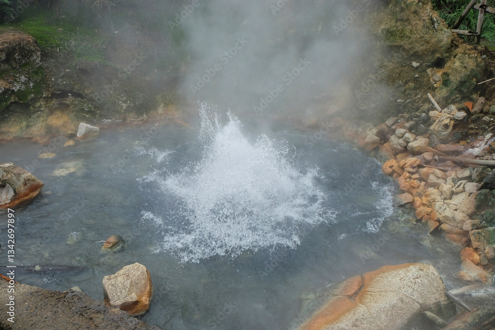 Explosion of hot springs. Hot springs containing sulfur. For graphic ...