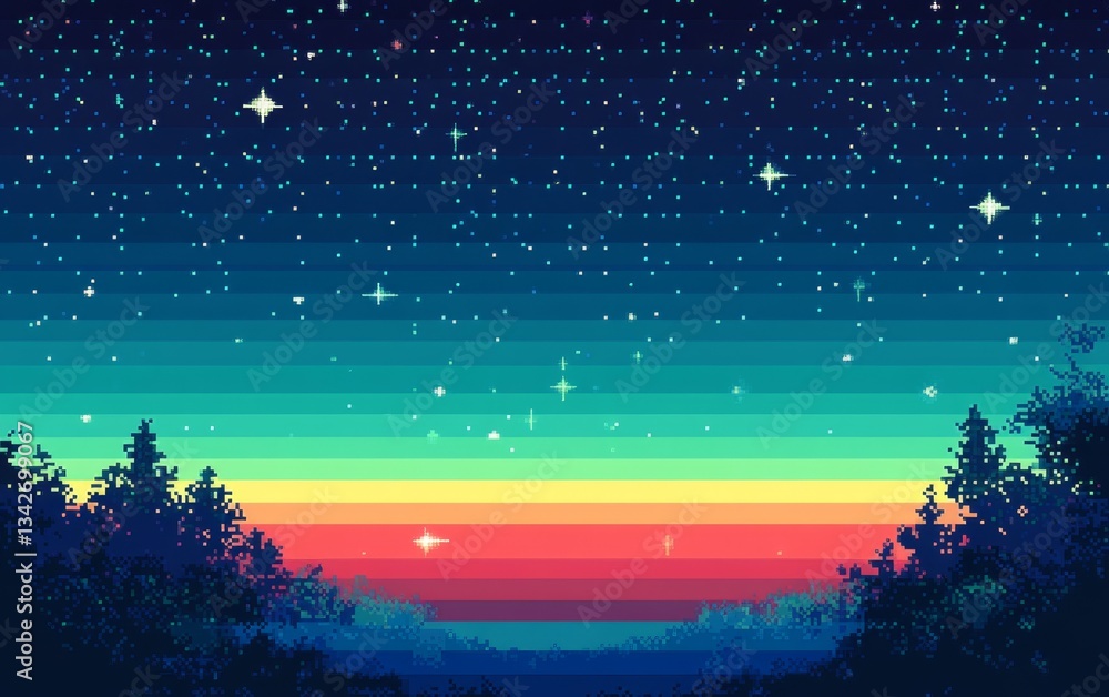 Vibrant Starry Night Sky with Colorful Gradient Horizon and Silhouetted ...