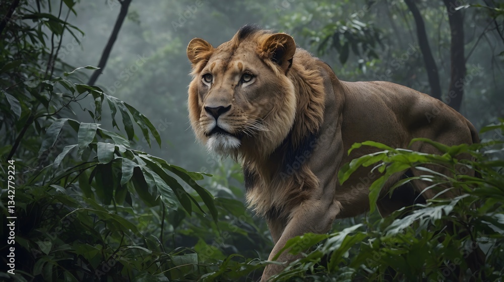 Cinematic Panthera leo Sinhaleyus Hunting Through the Misty Sri Lankan ...