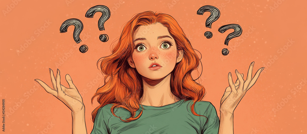 Confused young woman with red hair expressing uncertainty, surrounded ...