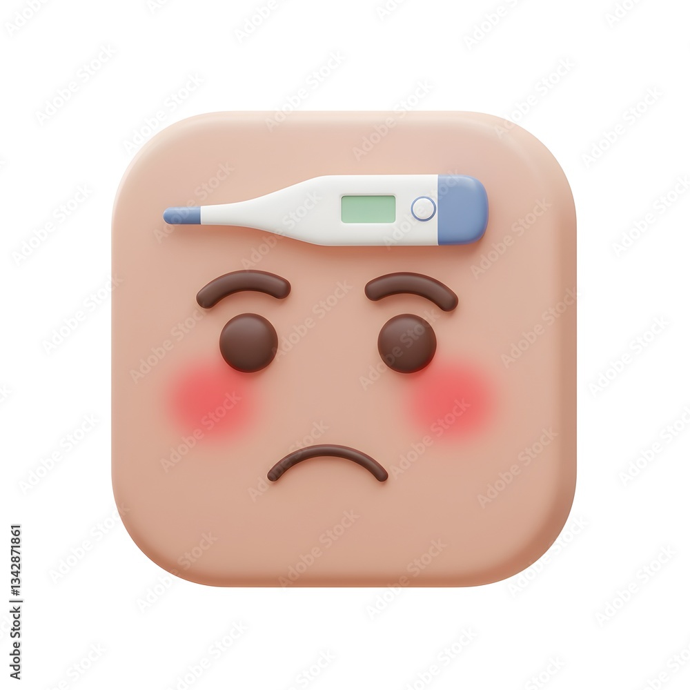 3D Render of Sad Emoji with Thermometer on Forehead Illustrating ...