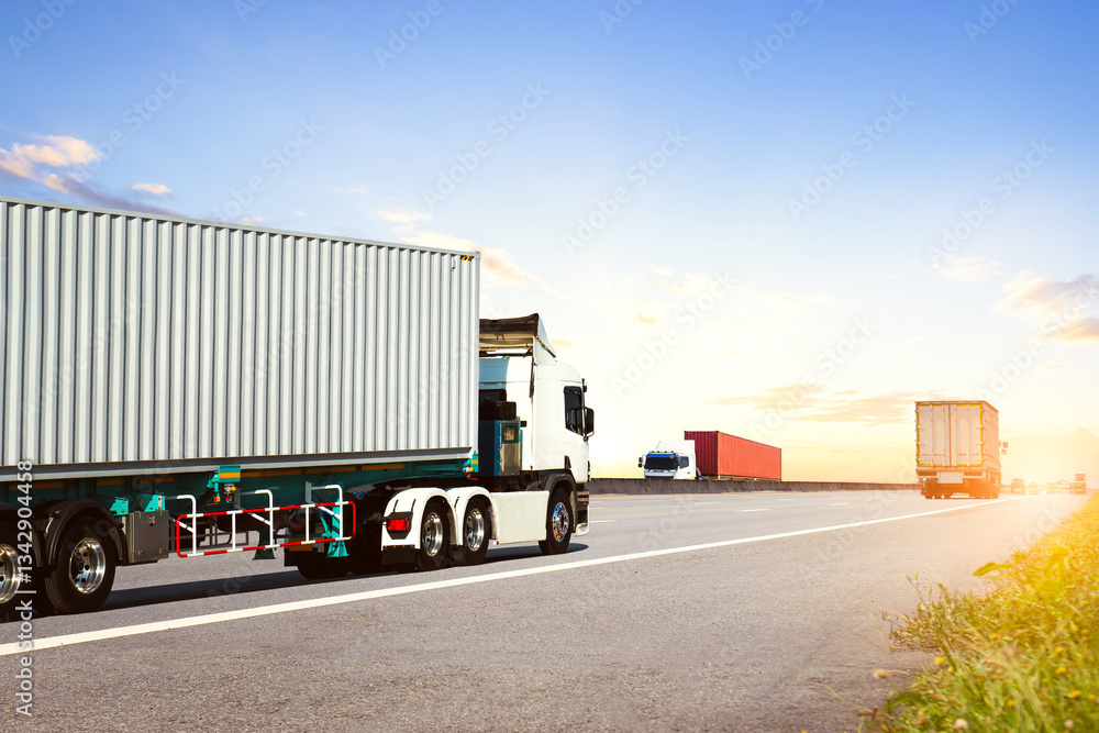 Semi Trailer Trucks Driving on High Way Road. Shipping Containers. Big ...