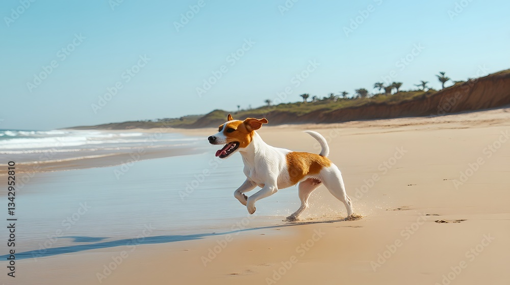 Happy dog sprinting along the shore, leaving paw prints in the wet sand ...
