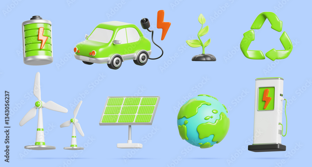 3d set of green energy object, eco icon. EV charging station, electric ...