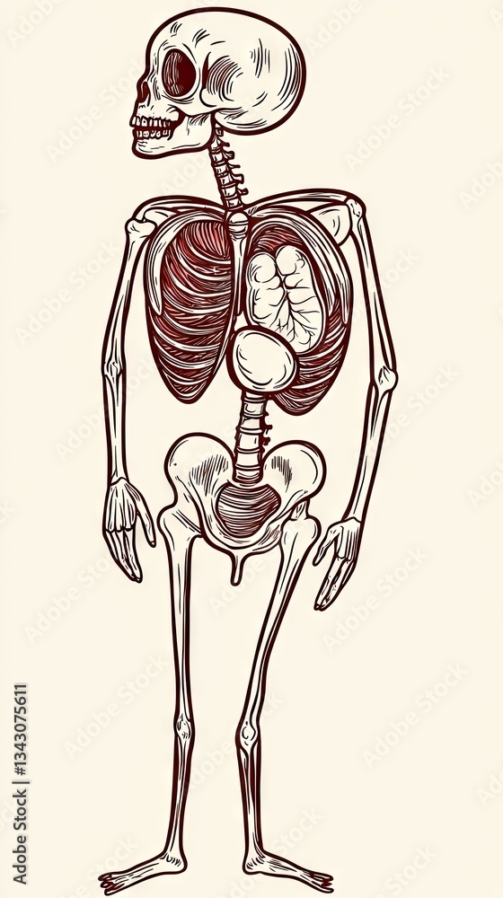 Human skeleton anatomical drawing, showing lungs and internal organs ...