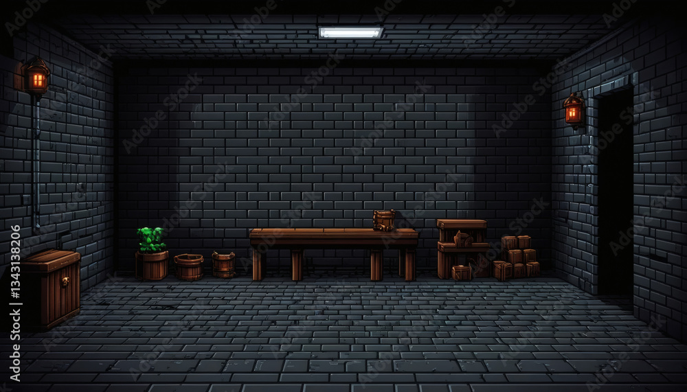 Old-School 8-bit Pixel Dungeon Backdrop with Dark Bricks and Open Space ...