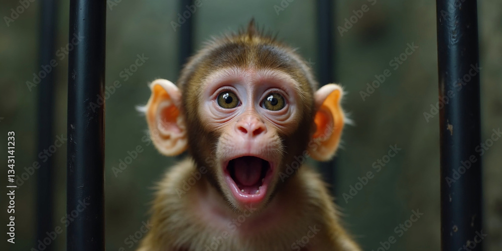 Baby monkey with wide eyes and open mouth looking shocked and curious ...