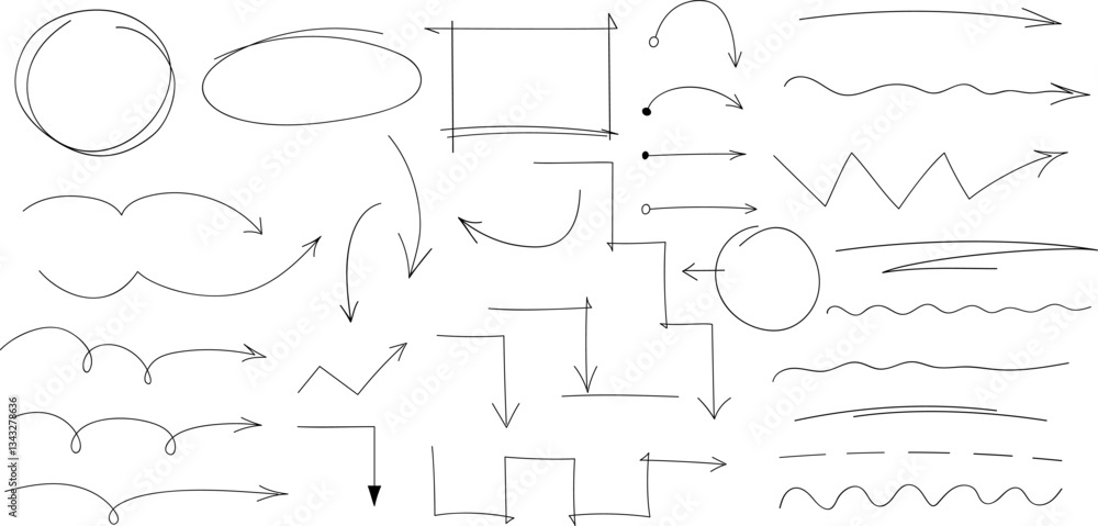Hand drawn arrows, highlight, text underline strokes and emphasis marks ...