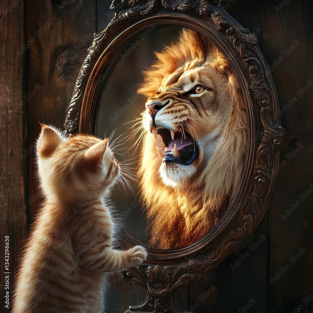self esteem and personal growth of A small cat peers into a mirror, its ...