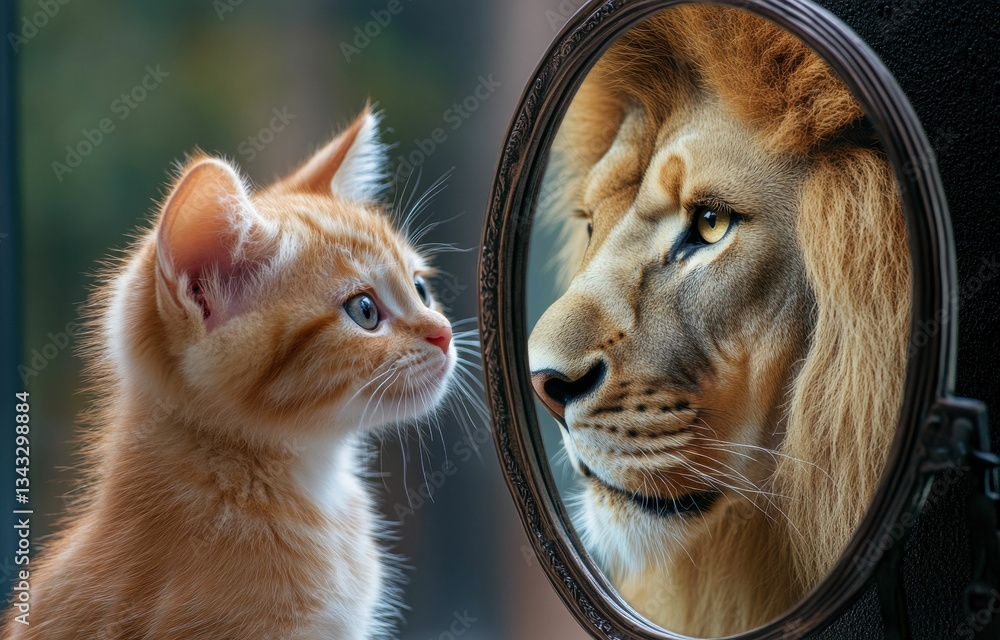 self esteem and personal growth of A small cat peers into a mirror, its ...