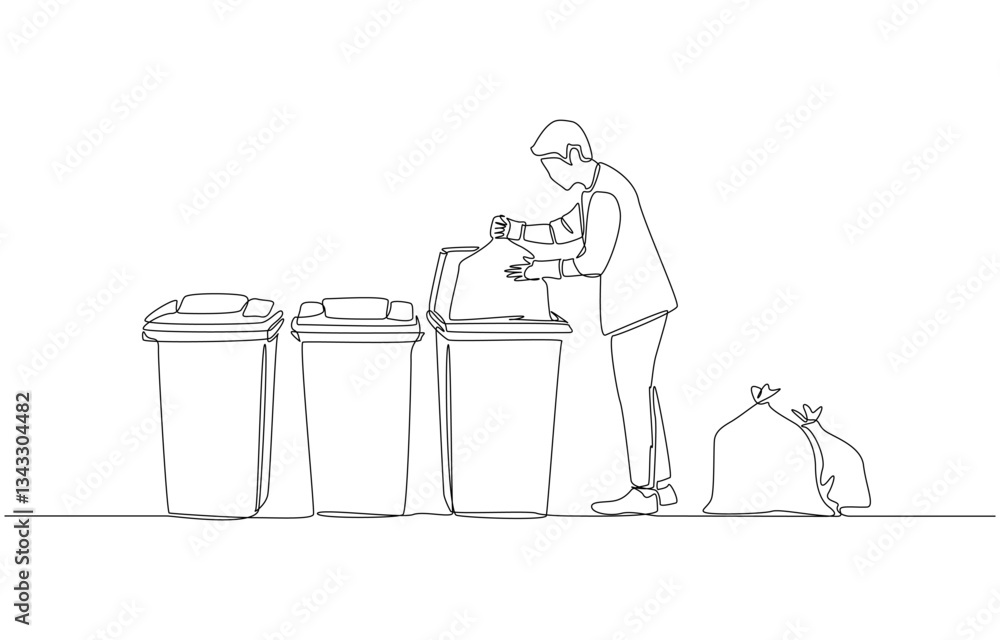 Continuous one line drawing of man separating trash into bags and ...