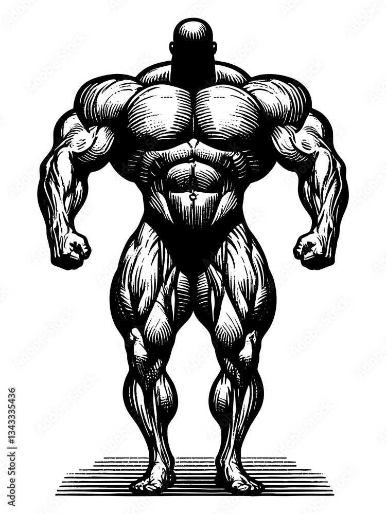 highly muscular bodybuilder with exaggerated proportions, standing in ...