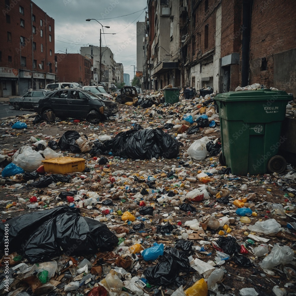 Garbage strewn across a decaying urban street with wrecked vehicles ...