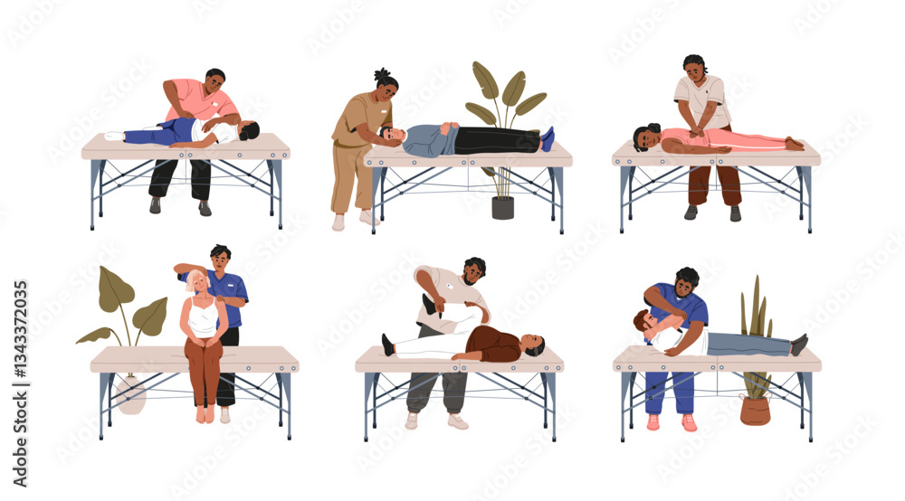 Chiropractors and patients set. Manual therapy, orthopaedic treatment ...